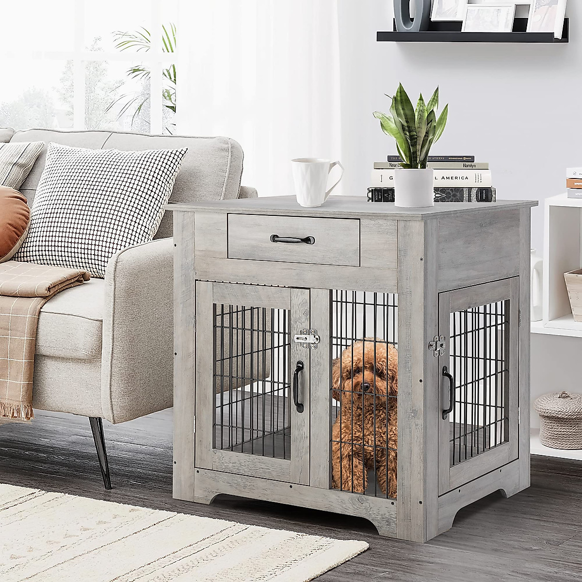 IDEALHOUSE 32 Inch Furniture Style Dog Crates – Chew-Proof Indoor Casual Home Wooden Pet Crate, Indoor Pet Crate Side Table, Wood Look Dog Kennel End Table with Drawer, Grey