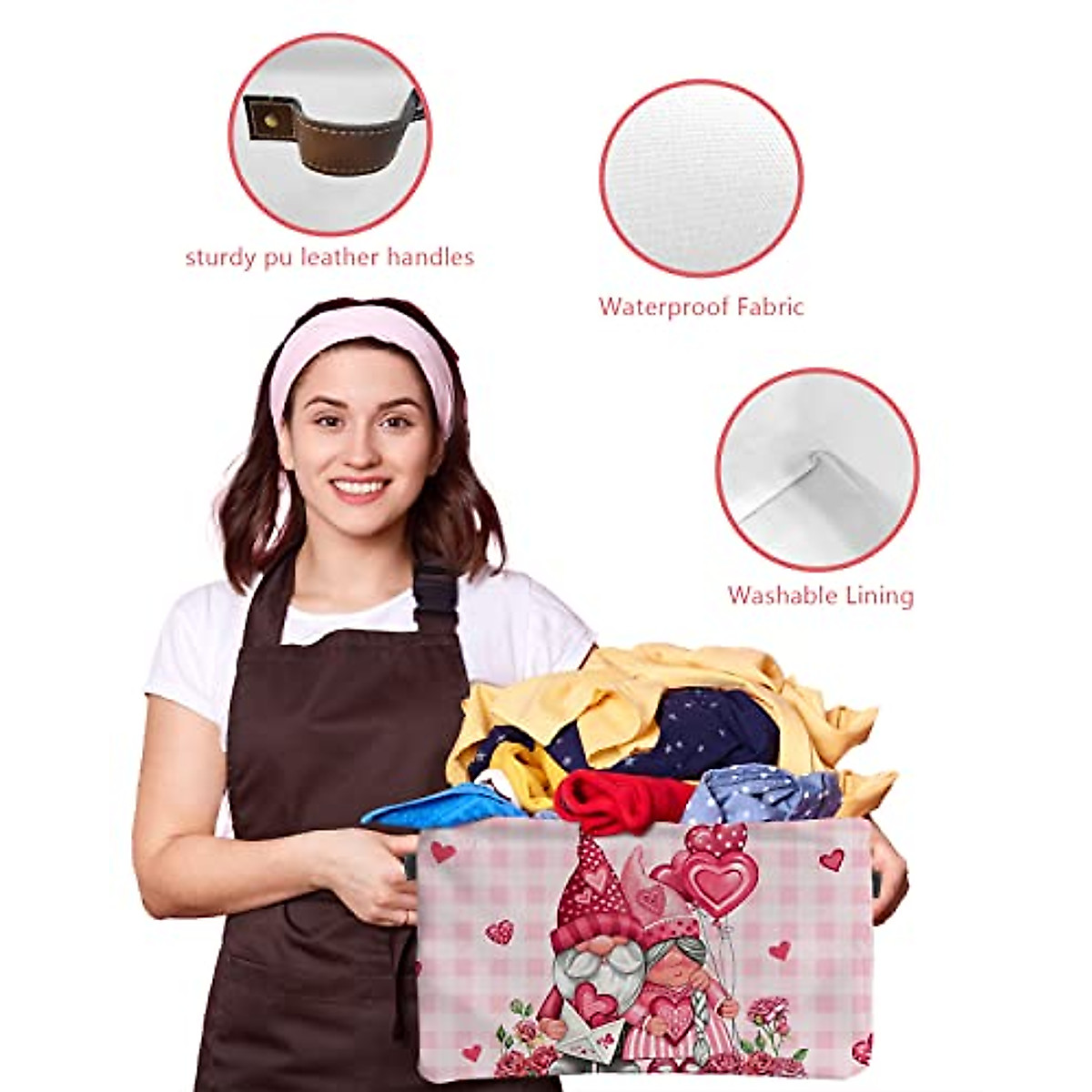 Valentine's Day Gnomes Storage Bins Shelf Baskets, Collapsible Cube Basket with Handles, Pink Plaid Love Heart Roses Waterproof Organizer for Toys/Closet/Blanket 15"x11"x9.5", 1 Pack