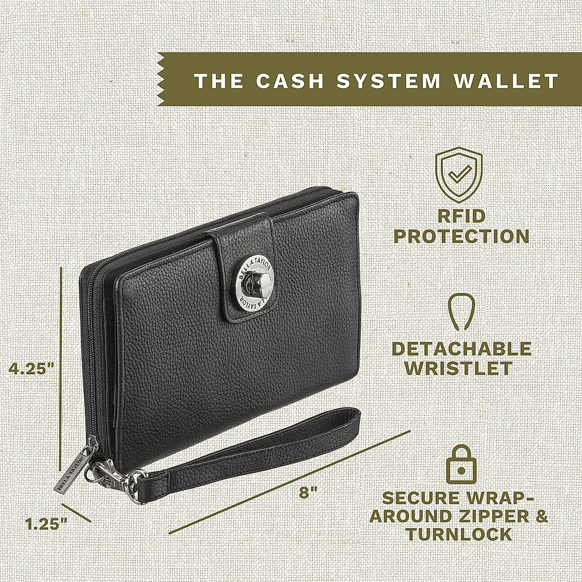 Bella Taylor RFID Wristlet Cash System Wallet for Cash Envelope Budgeting | Money Organizer Budget Wallet | Cash Stuffing Wallet | Genuine Black Leather
