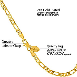 LIFETIME JEWELRY 4mm Figaro Chain Anklet for Women Men & Teen Girls 24k Gold Plated (Gold, 10)