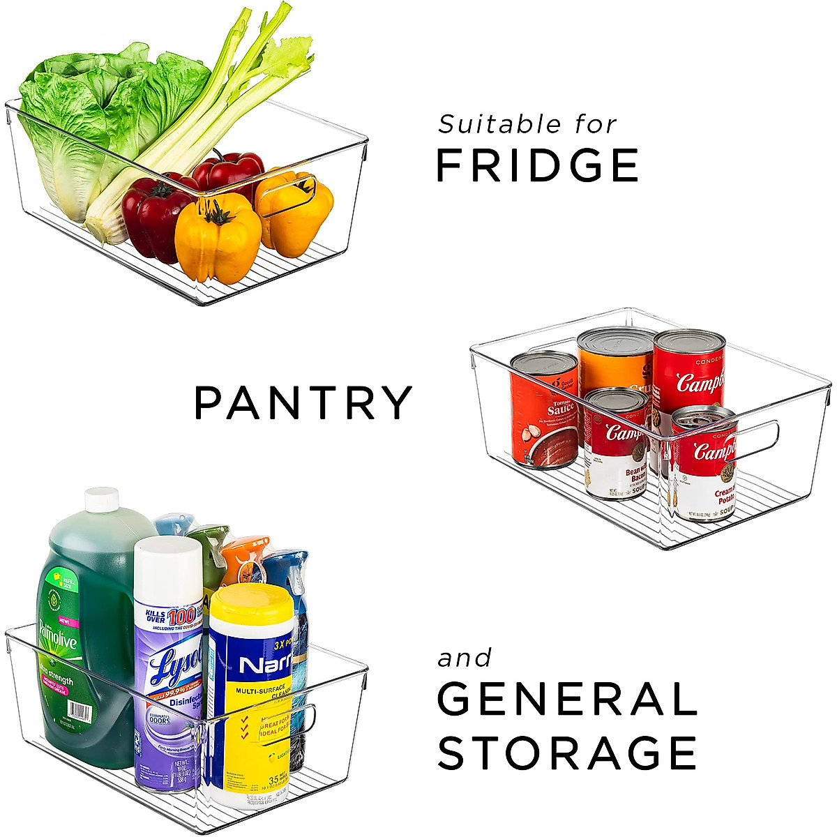 Sorbus Clear Square Fridge Bins- Thick Sturdy Plastic Refrigerator Pantry Organizer- Versatile Non-Slip Stackable Cabinet Organization- Bath, Makeup, Food Snack Packet Organizer - 3 Pack