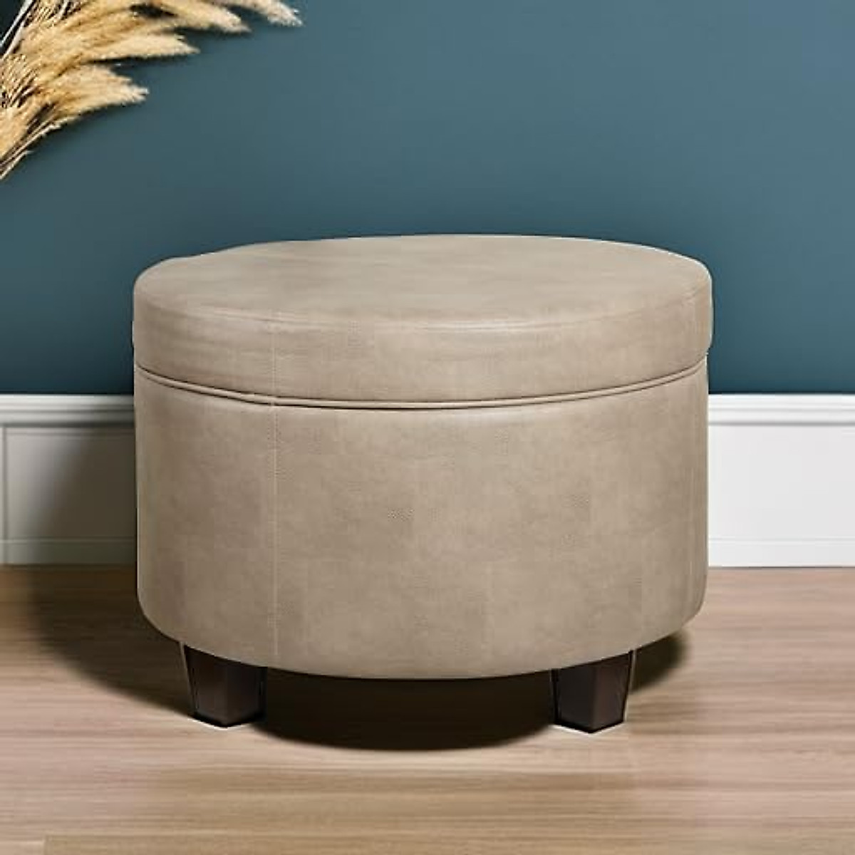 Homepop Home Decor | Upholstered Faux Leather Round Storage Ottoman | Ottoman with Storage for Living Room & Bedroom, Taupe Brown