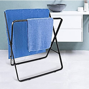 Qflushor Standing Towel Rack, 2-Tier Bathroom Towel Rack Stand Foldable, Outdoor Towel Rack Free Standing Metal for Bath Towel, Hand Towel, Blanket, Matte Black