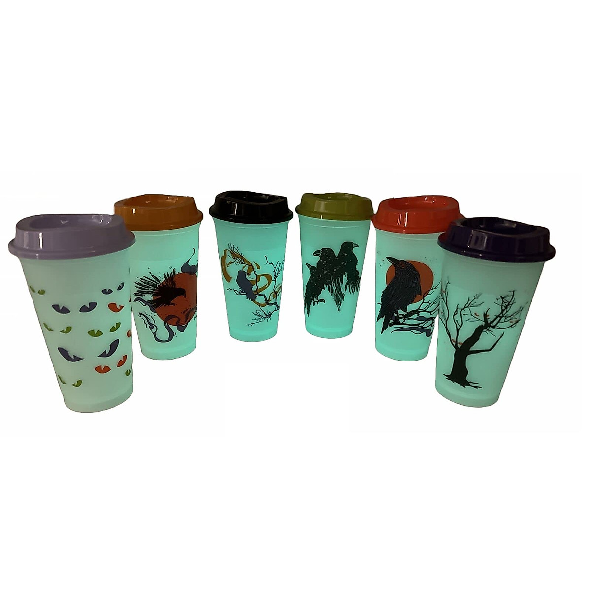 Starbucks Fall 2022 Reusable Plastic Hot Cups with Lids Glow in the Dark Halloween 6 cups 16 oz each