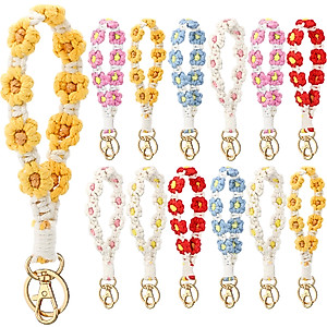 Landical 12 Pcs Boho Macrame Wristlet Keychain Flower Handmade Wristlet Keychain Cute Floral Keychain Daisy Flower Keychain (Classic Style)