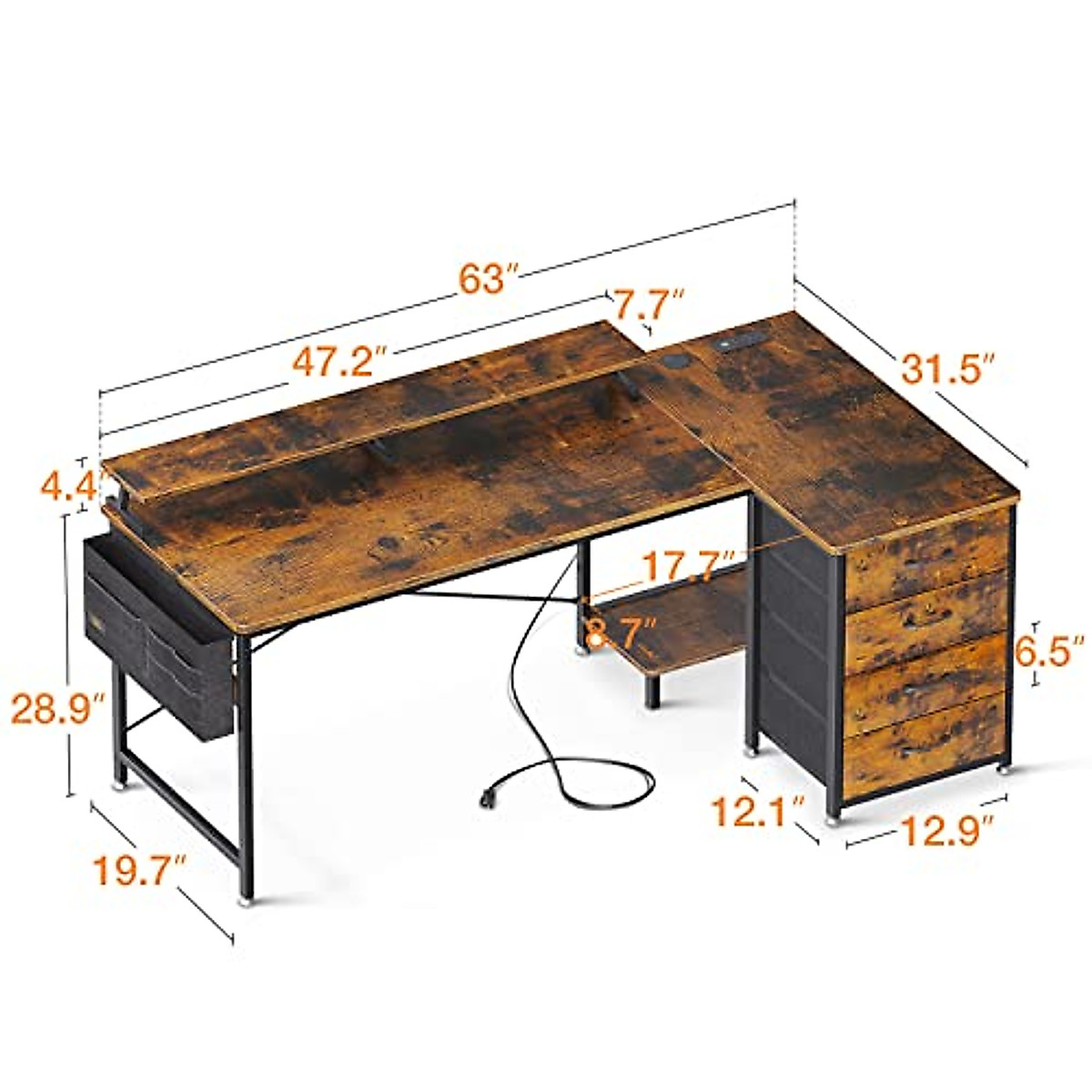KKL 63 inch L Shaped Computer Desk with USB Charging Port & Power Outlet, L-Shaped Corner Desk with 4 Tier Drawer & Monitor Shelf for Home Office Workstation, Modern Style Writing Table, Vintage