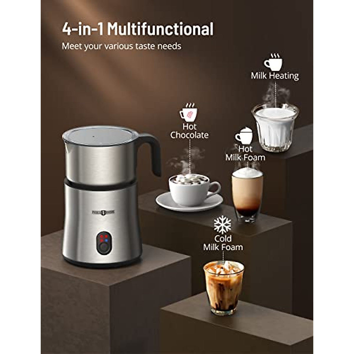 Paris Rhône Milk Frother and Steamer, 𝟓𝟎𝟎𝐌𝐋/𝟏𝟔.𝟗𝐎𝐙 𝐃𝐞𝐭𝐚𝐜𝐡𝐚𝐛𝐥𝐞 Hot Chocolate Maker, Electric Milk Warmer, Hot Cocoa Maker, Stainless Steel Hot/Cold Foam Maker, Dishwasher Safe