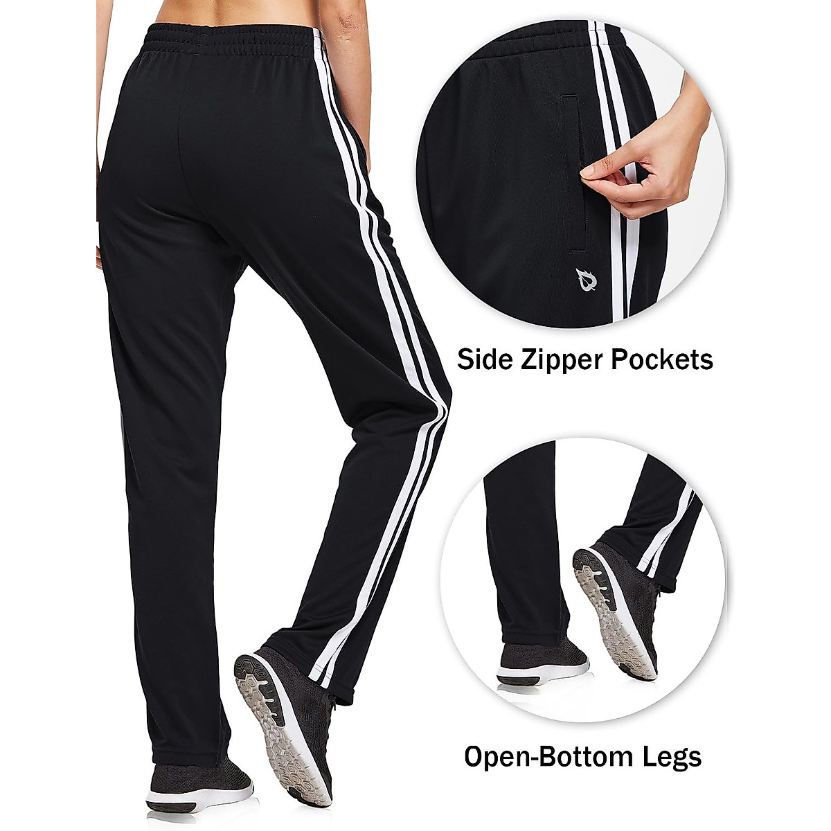 BALEAF Women's Track Pants Athletic Jogging Sweatpants Zipper Pockets Warm-Up Sports Running Pants Black/White Size XL