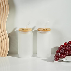 Fiera 16oz Drinking Glassware with Bamboo Lid and Reuasable Straw, Iced Coffee cup, Juice glassware, Cocktail Cup (1 PC) (Frosted)