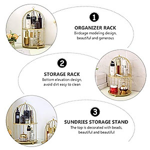 Yardwe Iron Cosmetic Rack Bird Cage Makeup Organizer 2 Tier Wire Storage Holder Essence Perfume Lotion Bottle Shelf Stand Skincare Products Tabletop Organizer