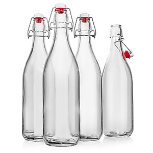 WILLDAN Giara Glass Bottle with Stopper Caps, Set of 4-33.75 Oz Carafe Swing Top Glass Bottles for Beverages, Oils, Kombucha, Kefir, Vinegar, Leak Proof Caps & Airtight Lids