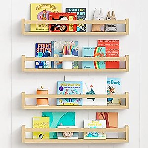 Forbena Natural Wood Nursery Bookshelves for Wall, 24 Inches Long Floating Book Shelves, Wall Mounted Bookcase for Teen Girl Boy Kids Room Bedroom, Playroom Organizer, Bathroom Decor (4-Pack)