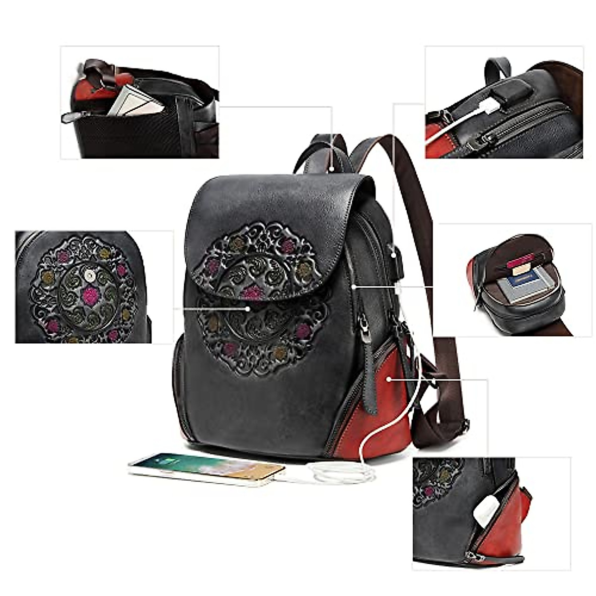 EBESA Leather Backpack for Women Organizer Retro Vegetable Tanning leather bag Vintage Embossing Totem (black)