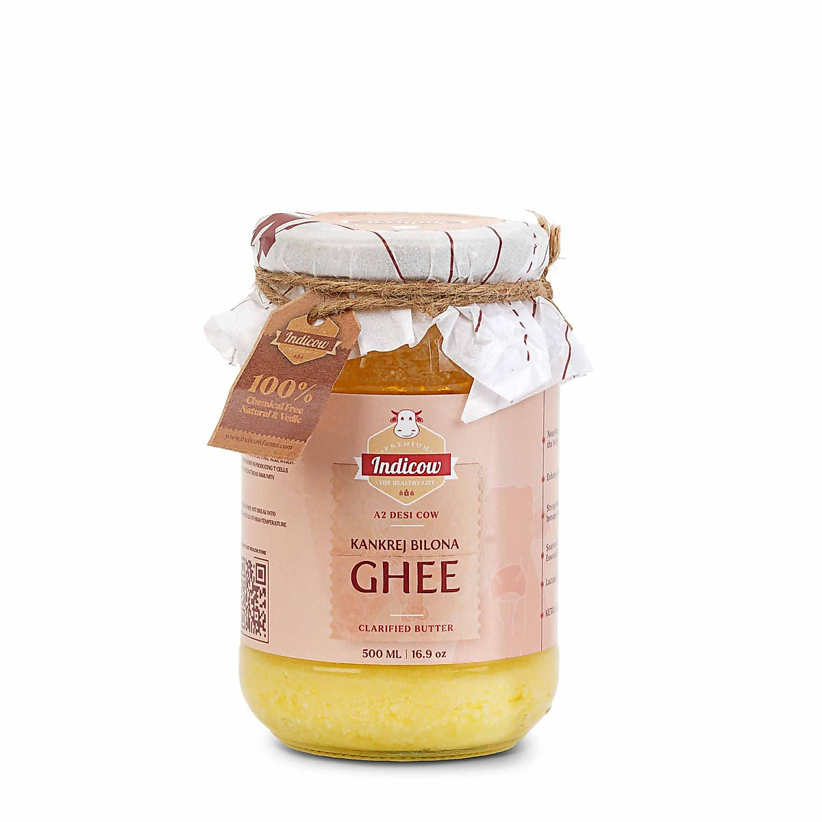 Indicow A2 Desi Cow Ghee, Clarified Butter | Grass Fed Cows | (500ml (16.91oz), A2 Kankrej Cow Ghee) | Keto and Paleo Friendly| a2 ghee organic grass fed