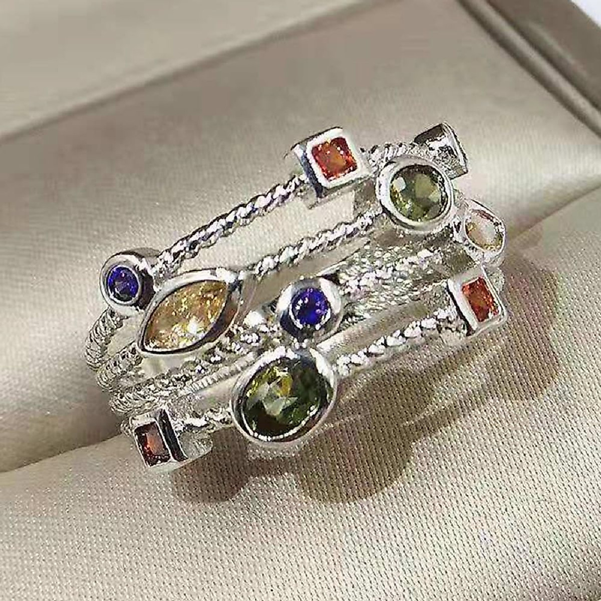 ZJQZBSS 925 Sterling Silver Shiny Full Diamond Cross Ring Colorful Geometric Gem Ring Cubic Zirconia Ring CZ Diamond Multi-Row Ring Eternal Engagement Wedding Ring Women's Jewelry Gift (Size 10)