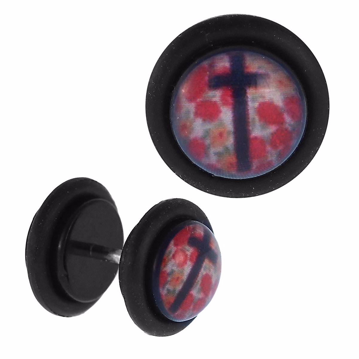 Chic-Net Fake Piercing Plug Tunnel Black Cross red Flowers Rubber Ring 7 mm