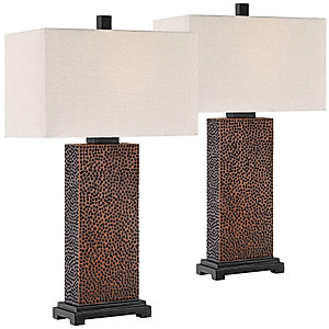 360 Lighting Caldwell Rustic Farmhouse Table Lamps 24.75" Tall Set of 2 Bronze Hammered Textured Fabric Rectangular Shade for Bedroom Living Room House Home Bedside Nightstand Office Family