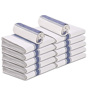 TALVANIA Kitchen Dish Towels 100% Cotton White Flour Sack Tea Cloth with Blue Herringbone Stripe, Pack of 12 Perfect Classic Dish Towel 15” x 25” Dishcloths for Bars Kitchens Counters etc.