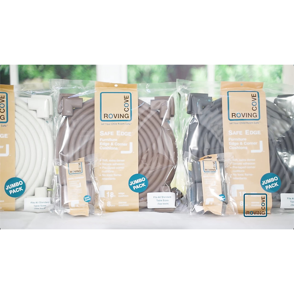 Roving Cove Edge Corner Protector Baby Proofing (Large 15ft Edge 4 Corners) - Hefty-Fit Heavy-Duty, Soft NBR Rubber Foam, Furniture Fireplace Safety Bumper Guard, 3M Adhesive, Coffee Brown