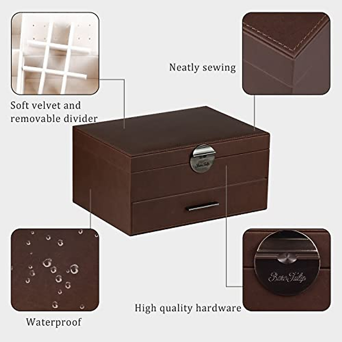 BareTulip Jewelry Box for Men 2 Layer Jewelry Organizer with 1 Drawer for Storage Display Rings Necklaces Earrings and Watch Brown