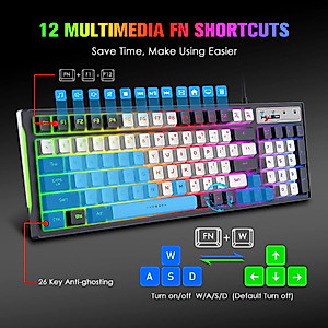 Wired RGB Gaming Keyboard and Mouse Combo with Multi Rainbow LED Backlight Ergonomic 96Key Layout 26Key Anti-ghosting Mechanical Feel Adjustable 3600DPI Mice Mouse Pad for PC Mac Gamer Typists(White)