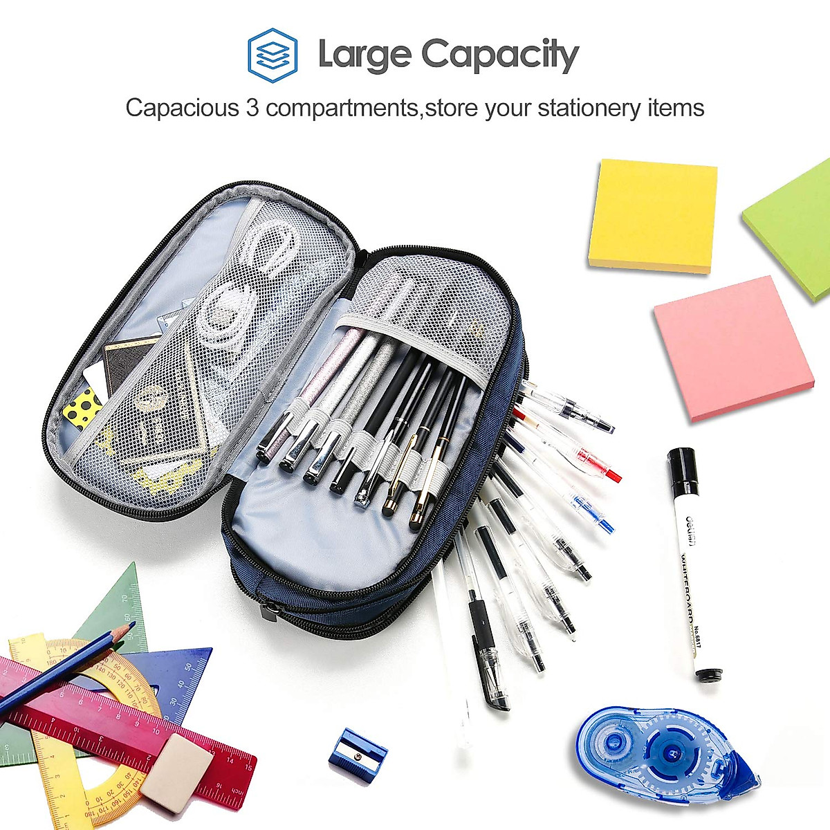 ProCase Big Capacity Pencil Case Pen Bag, Handheld Pencil Holder Pouch Pen Organizer Students Stationery Pouch with Durable Zipper Multi Compartments for School & Office Supplies –Navy