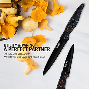 hecef 5 PCS Non-stick Coated Kitchen Knife Set with PP Handle and Protective Sheath, Exclusive Black Chef knife set, Scratch Resistance & Rust Proof (Lightning pattern)