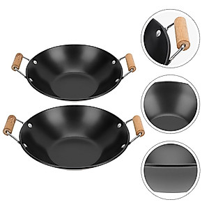 DOITOOL 2PCS Wok Pan Nonstick, Carbon Steel Flat Bottom Wok with Wooden Handles, Chinese Wok for Electric, Gas, Halogen, Restaurant Kitchen