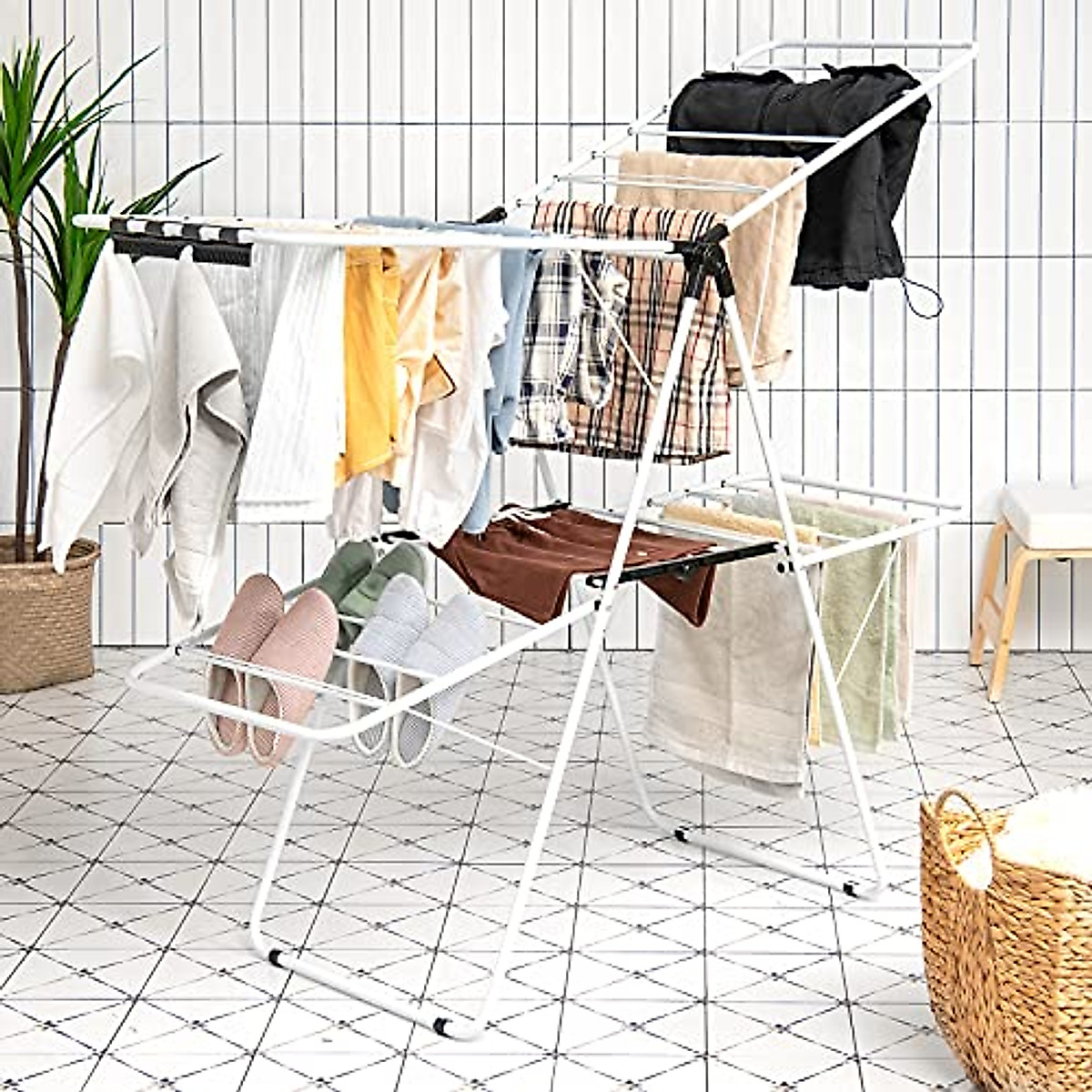 Tangkula Clothes Drying Rack, 2-Level Folding Drying Rack for Indoor Outdoor Use, Foldable Large Drying Hanger w/Height-Adjustable Gullwing, 33 Drying Rails, Sock Clips, Freestanding Laundry Rack