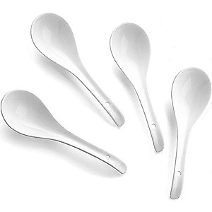 Bright White 6.75 inch Asian Soup Spoon Set of 4, Ultra-fine Porcelain Tablespoon, Chinese Soup Spoons/Japanese Kitchen Soup Spoons for Cereal, Small Spoons for Ramen Pho - Deep Oval Hook Design