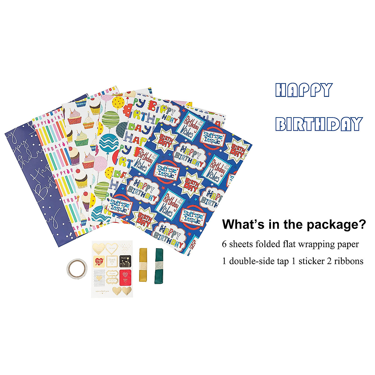 Titiweet Happy Birthday Wrapping Paper Sheets with Cut Line, Recycled Gift Wrapping Paper, 6 Sheets Folded Flat Gift Wrap with Sticker Ribbon Tape, 20 x 28 Inches Per Sheet
