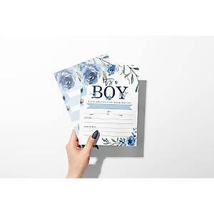 Boy Baby Shower Invitations with Book Request and Diaper Raffle Card, Blue Baby Sprinkle, 20 Fill in Invites