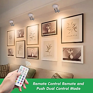Honoson 4 Pack Dual Head Battery Operated Spotlights Indoor Wireless RGB LED Spot Light with Remote 13 Color Accent Lights with Rotatable Head Stick on Wall Hallway, for Painting Picture(White)