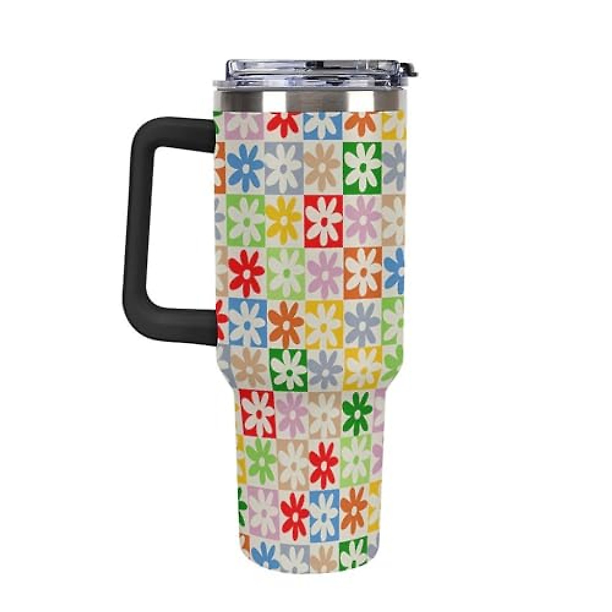 KPLBNAS Colorful Bold Aesthetic Checkered Flower Pattern 40 Oz Tumbler with Handle And Straw Lid, Insulated Reusable Stainless Steel Travel Mug Travel Mug for Hot And Cold Stainless Steel Vacuum Mug