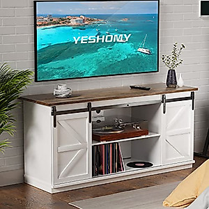 YESHOMY Farmhouse TV Stand for Televisions up to 65+ Inch with Sliding Barn Doors and Storage Cabinets, Entertainment Center Console Table, Media Furniture for Living Room, 58 Inch, White