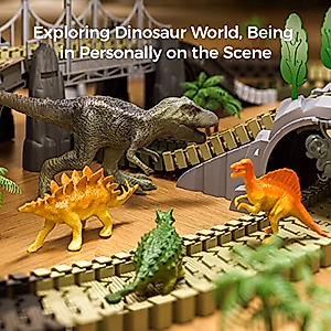 TUMAMA Dinosaur Toys Race Track, 281 Pcs Dinosaur Train Set for Kids 3-5 5-7, Flexible Train Tracks with 4 Dinosaurs Figures, 2 Electric Race Cars with Light, Create A Dinosaur Road Race for Toddlers