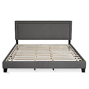 Furinno Laval Double Row Nail Head Upholstered Platform Bed Frame, King, Stone