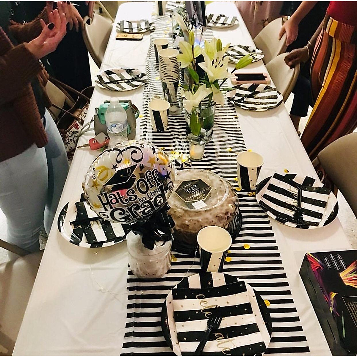 Yansanido 2pcs Plastic Picnic Party Tablecloth,Plastic Picnic Tablecloth 54''x108'' Rectangle Kitchen Picnic Wedding Birthday Party Table Covers Best (Black White Stripe, 2)