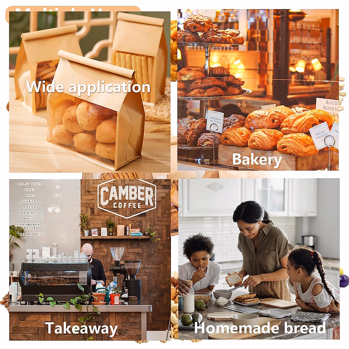 Heavy Duty Large Kraft Paper Bread Bags with Tin Tie Tab Lock 50pcs, Loaf Bag with Clear Front Window, Storage Packaging Treat Bag for Bakery Cafe Homemade Bread 10.6” × 4.3” × 8.7”