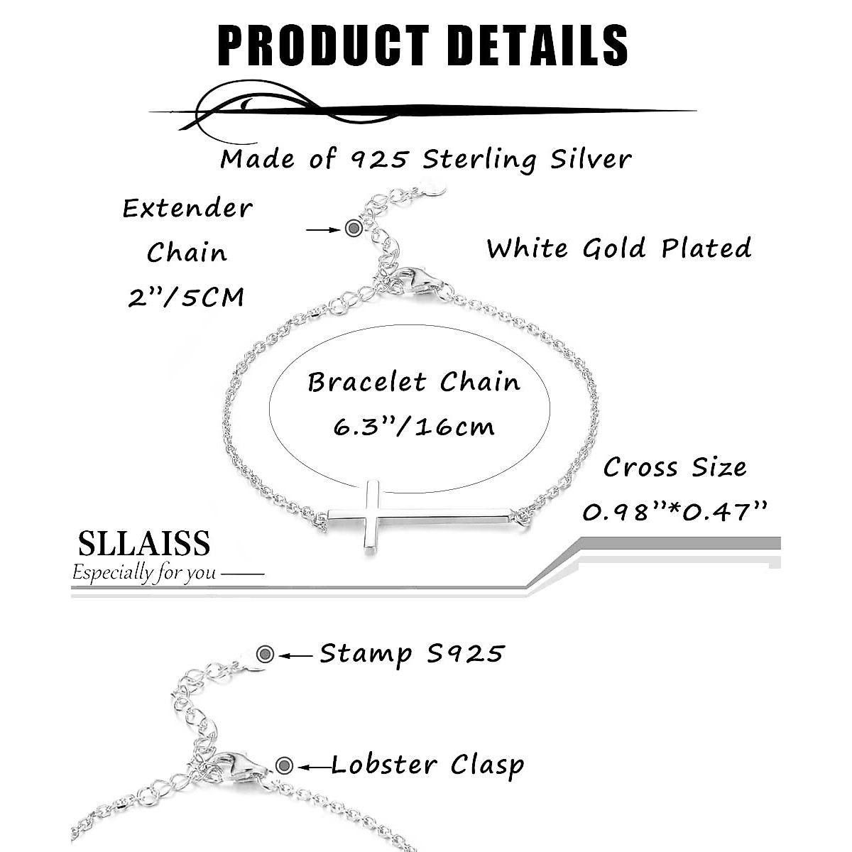 Sllaiss 925 Sterling Silver Sideways Cross Bracelet for Women Religious Chain Bracelet Christian Faith White Gold Plated Adjustable (Silver)