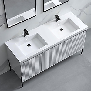 Dowell 60“ Fluted Design Vanity Set – Modern Bathroom Cabinet with Soft-Close Door & Shelf.Glossy White- 0026021V/6122BP