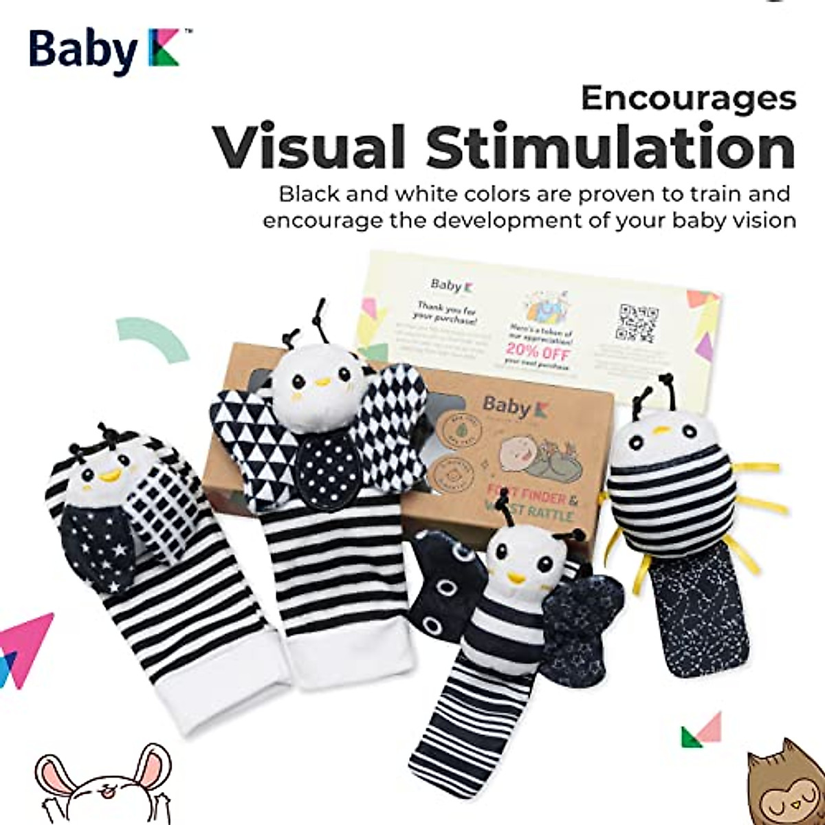 BABY K Foot Finder Socks & Wrist Rattles (Set E) - Newborn Toys for Baby Boy or Girl - Brain Development Infant Toys - Hand and Foot Rattles Suitable for 0-6, 6-12 Months Babies - Mother's Day Gift