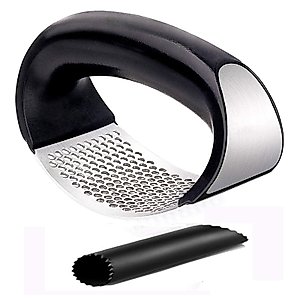 WEPPC Garlic Press Rocker Stainless Steel Garlic Mincer Crusher and Peeler, Ergonomic, Easy to Use, Black