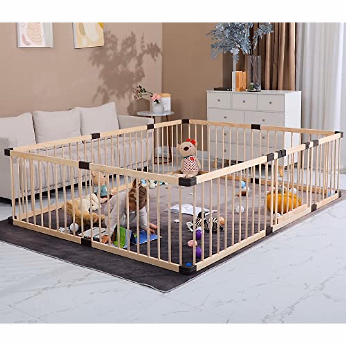 Conabay Large Baby Playpen Play Pen Fence Gate,Baby Safety Wooden Guard Fence Play Area with Door,Baby Kids Barrier Fencing,Baby Birthday Gift (180x240CM)