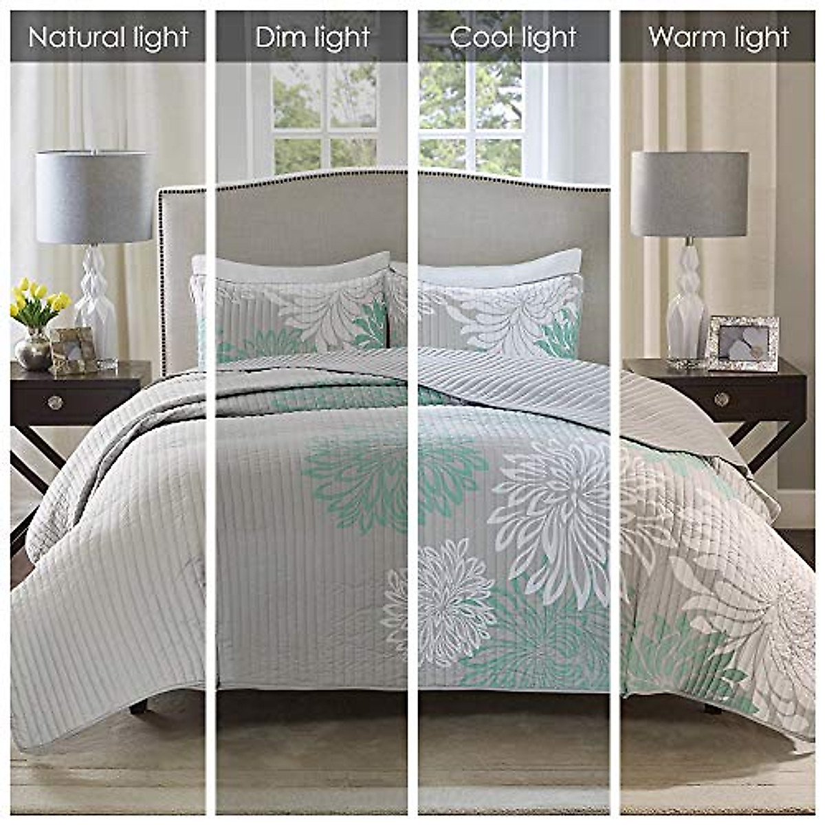 Comfort Spaces Enya Quilt Set - Casual Floral Print Channel Stitching Design, All Season, Lightweight Coverlet, Cozy Bedding, Matching Shams, Decorative Pillows, Full/Queen(90"x90"), Aqua 3 Piece