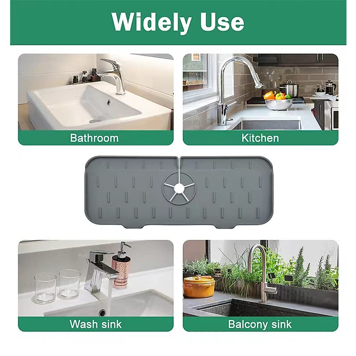 YIIAMOAHC Kitchen Sink Splash Guard, Silicone Faucet Handle Drip Catcher Tray, Faucet Splash Catcher, Silicone Deflector Under The Faucet, Keep Kitchen and Bathroom Sinks Dry（Grey)