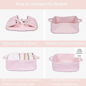 XUANGUO Woven Cotton Rope Storage Basket with Handles for Organizing Shelves Closet Small Cat Dog Pet Toy Basket Box Bin Decorative Rectangle Baby Nursery basket Gift Basket Empty Light pink