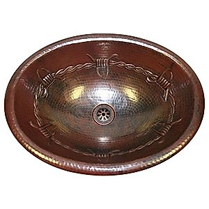 SimplyCopper 19" Oval Copper Bath Sink with BARB WIRE Design with Daisy Drain