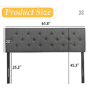 Lifezone Upholstered Queen Size Headboard,Height Adjustable Queen Size Headboard, 33.3 to 45.3 Inches,Sturdy Metal Legs, Easy to Assemble, Modern Button Simple Design, Grey