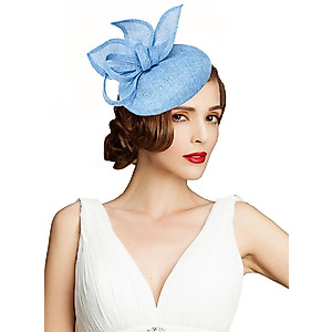 ORIDOOR Sinamay Flower Feathers Pillbox FascinatorHat Derby Headband forWeddingTea PartyChurchHat for Cocktail (D1 Light Blue) …